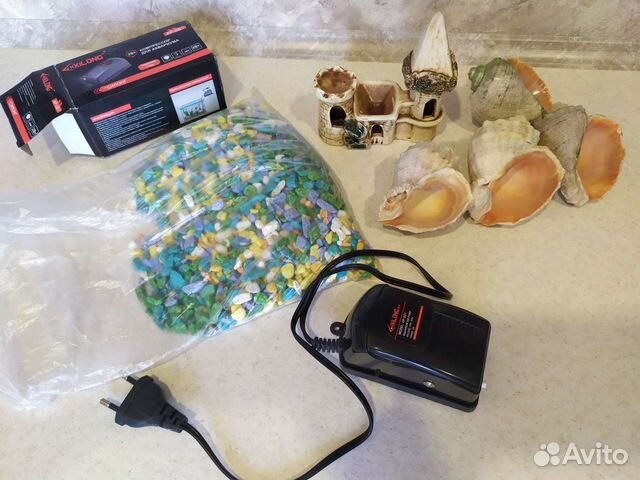 Камни в аквариум грунт, компрессор, ракушки, крепо